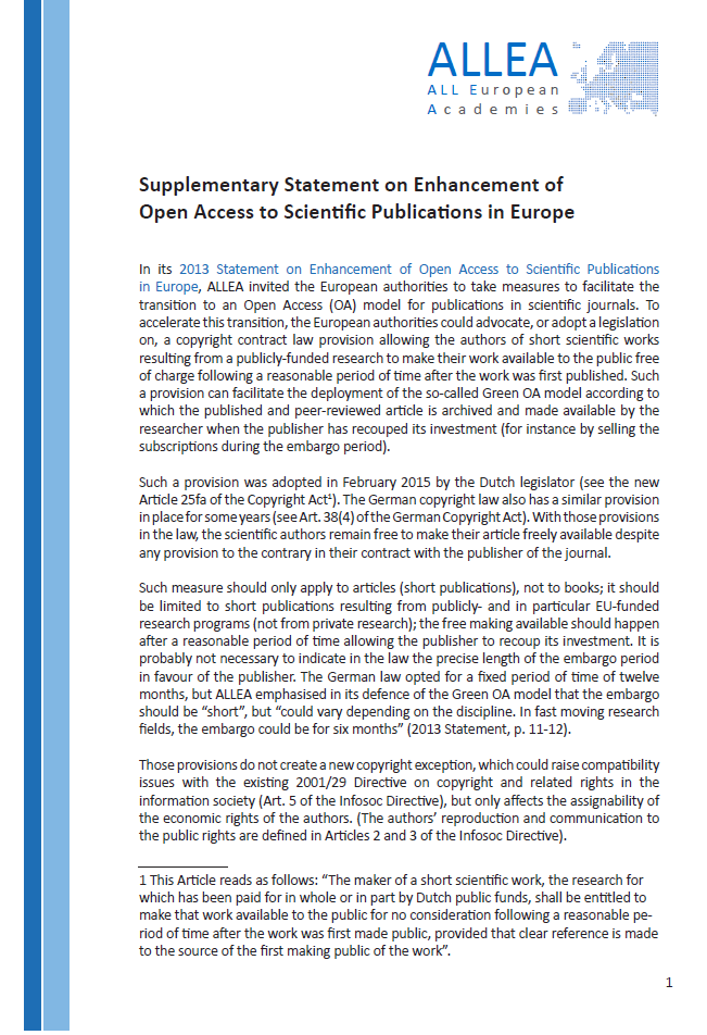 Supplementary Statement on Open Access released by ALLEA Permanent ...