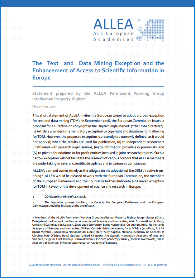 Allea Publishes Statement On The Text And Data Mining Exception Allea