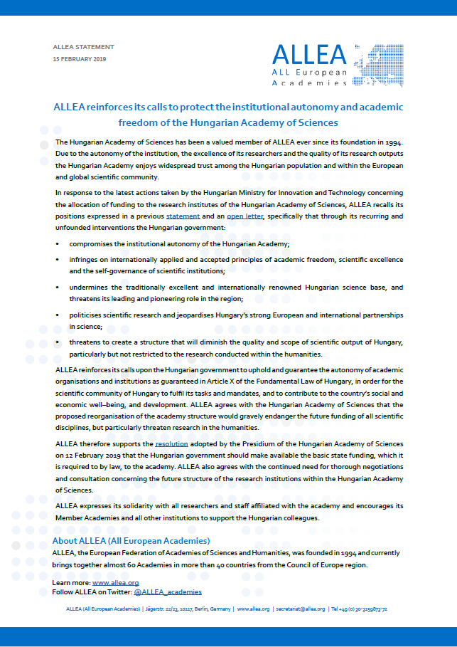 ALLEA reinforces its calls to protect the institutional autonomy and ...