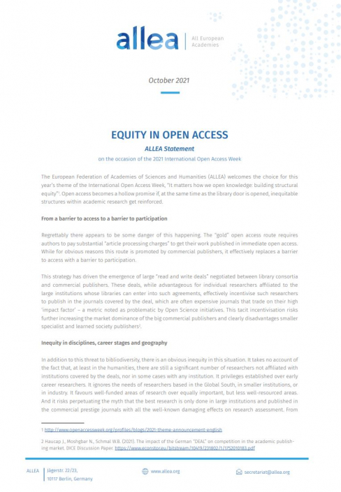 ALLEA Statement on Equity in Open Access - ALLEA