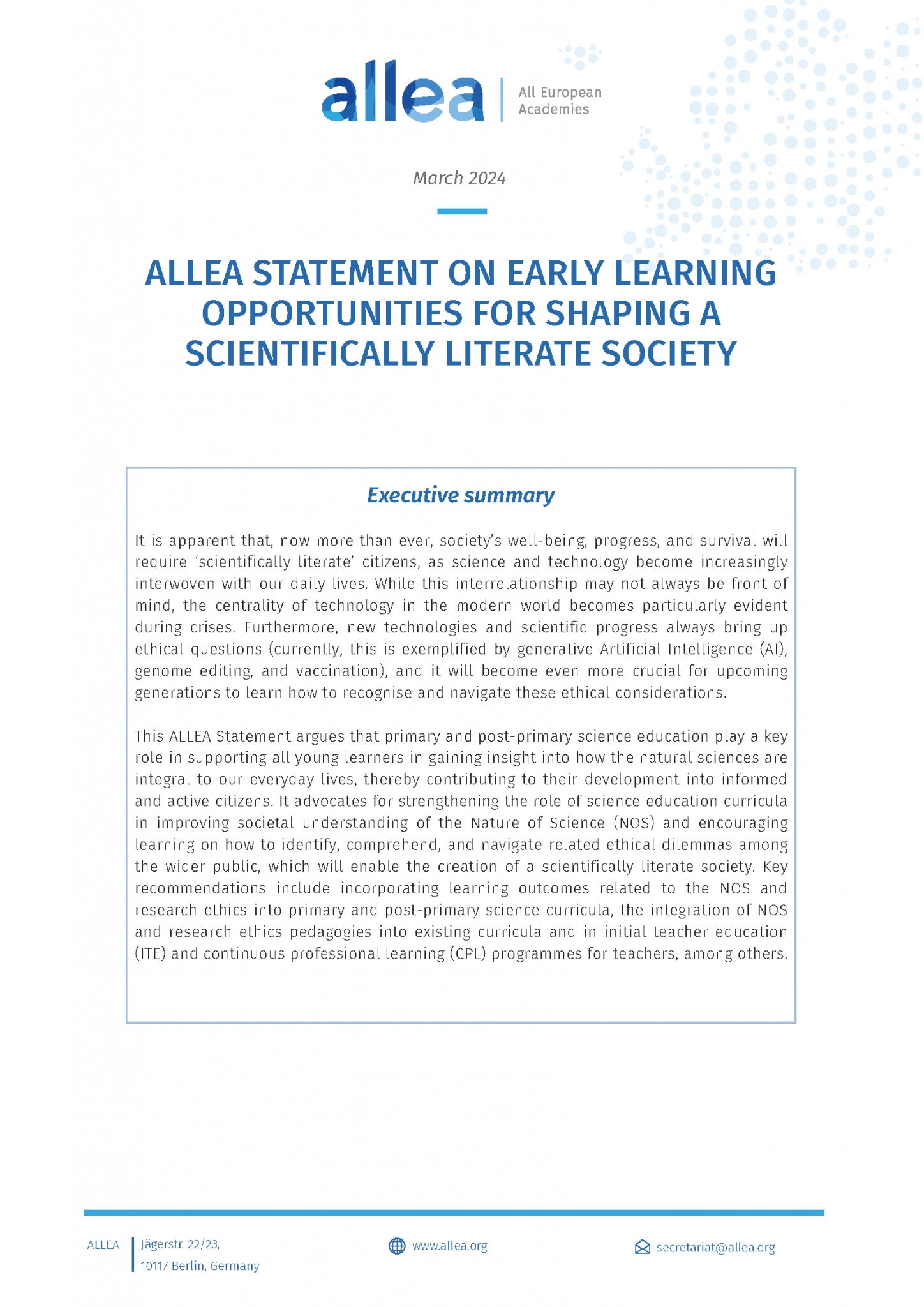 ALLEA Statement on Measures to Ease the Impact of the IP System on New ...